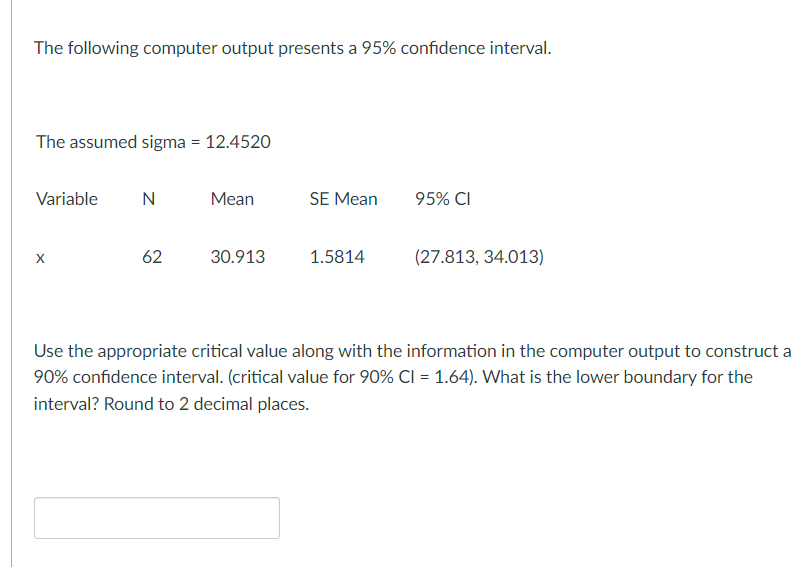 Solved The following computer output presents a 95% | Chegg.com