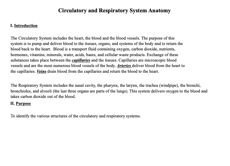 Solved Circulatory and Respiratory System Anatomy I. | Chegg.com