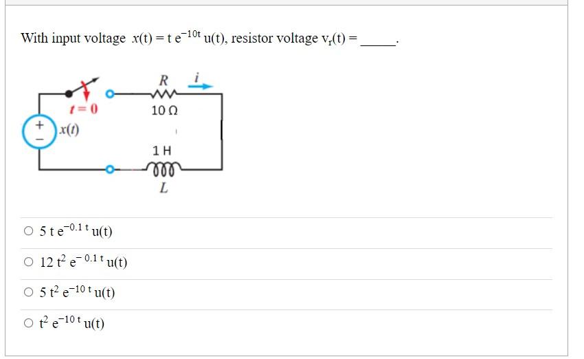 Solved With input voltage x(t)=te-10t u(t), resistor voltage | Chegg.com