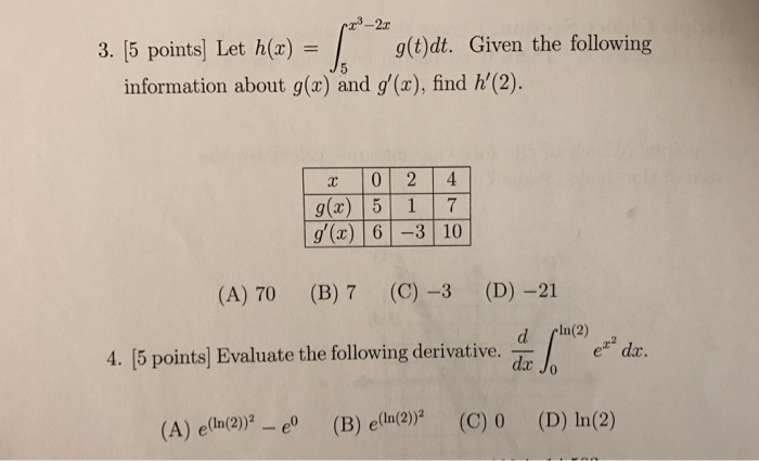 Solved Let h(x) = integral_5^x^3 - 2x g(t)dt. Given the | Chegg.com