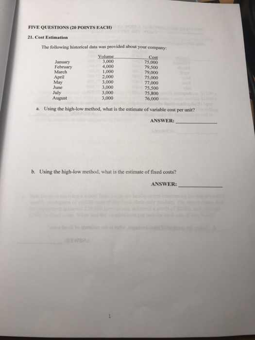 Solved FIVE QUESTIONS (20 POINTS EACH) 21. Cost Estimation | Chegg.com