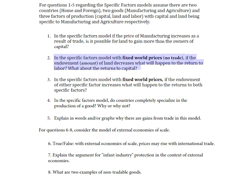 Solved For questions 1-5 regarding the Specific Factors | Chegg.com