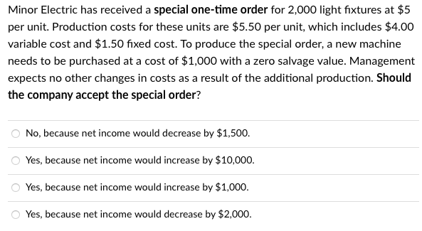 Solved Minor Electric has received a special one-time order | Chegg.com