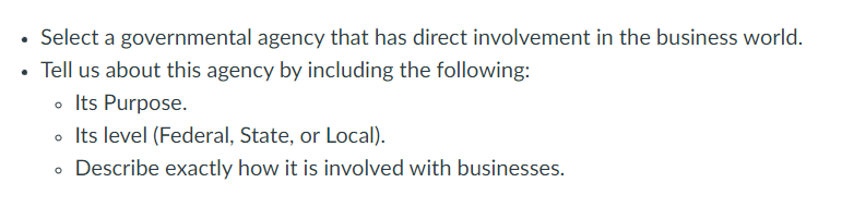 Solved Select a governmental agency that has direct | Chegg.com