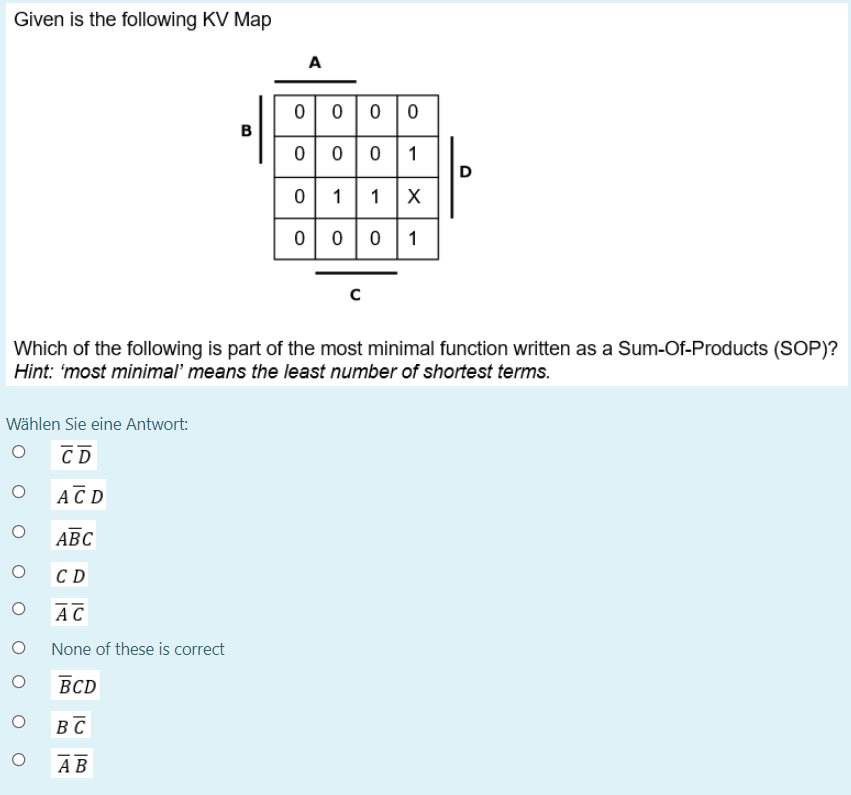 Solved Given is the following KV Map А B 0 0 0 0 0001 011 1 | Chegg.com