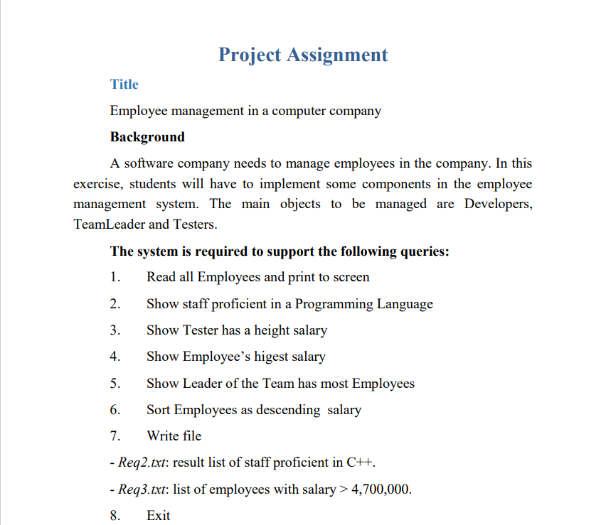 Solved Project Assignment Title Employee management in a | Chegg.com