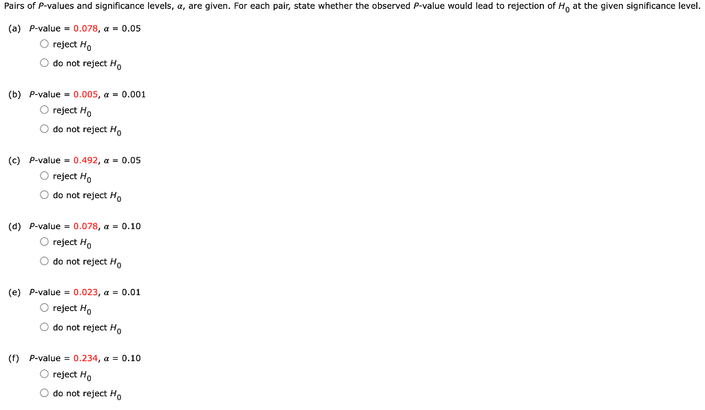 Solved Pairs of P-values and significance levels, a, are | Chegg.com