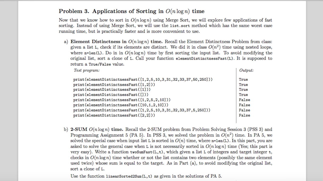 Solved Problem 3. Applications of Sorting in O(n log n) time | Chegg.com