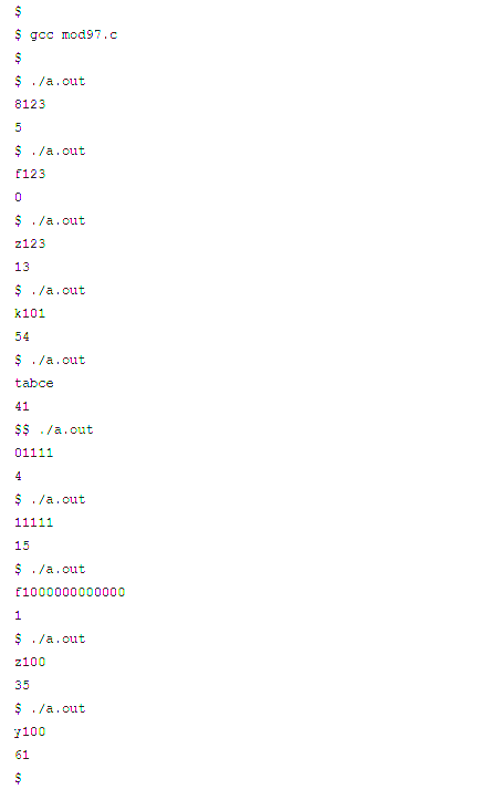 Solved $ cat mod97.c \#include int val (char ch); int | Chegg.com