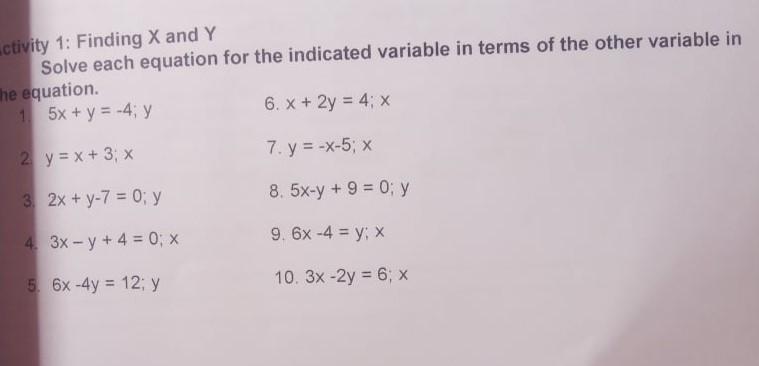 Solved activity 1: Finding X and Y Solve each equation for | Chegg.com