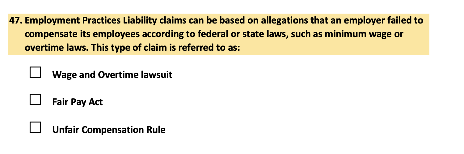 Solved 47. Employment Practices Liability claims can be | Chegg.com