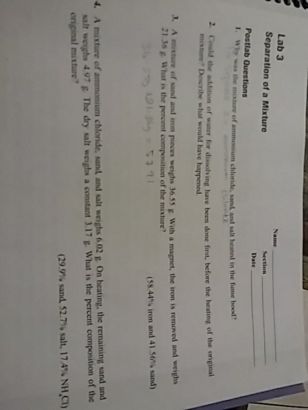 Solved Lab 3 Separation of a Mixture Postiab Questions I. | Chegg.com