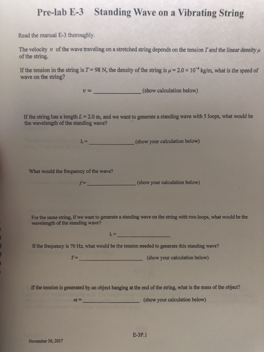Solved Pre-lab E-3 Standing Wave on a Vibrating String Read | Chegg.com