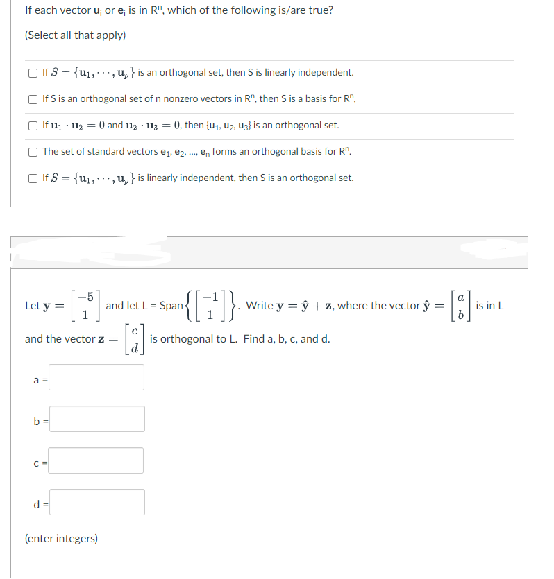 Solved If each vector ui or ei is in Rn, which of the | Chegg.com