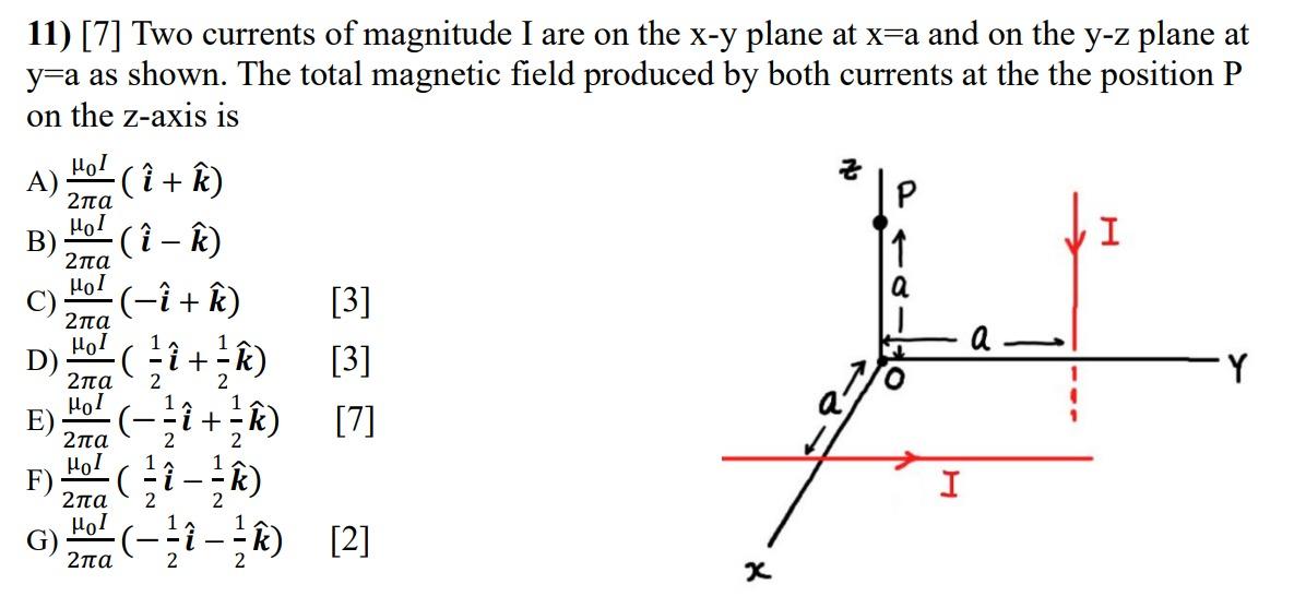 Solved 11) [7] Two currents of magnitude I are on the x−y | Chegg.com