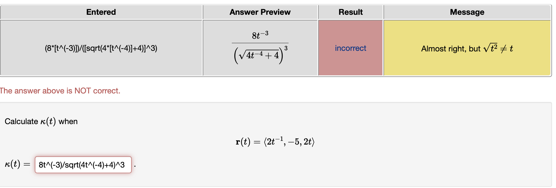 Solved The answer above is NOT correct. Calculate κ(t) when | Chegg.com