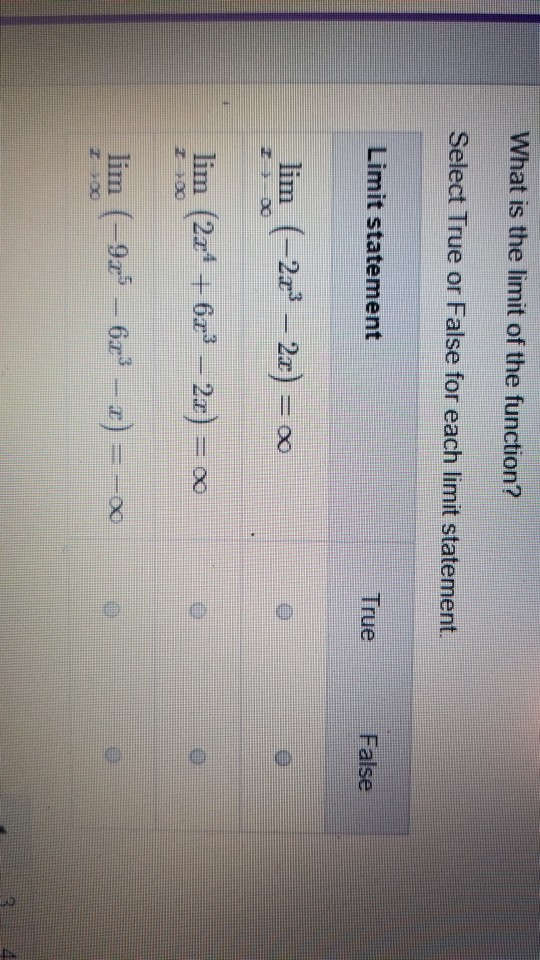 Solved What is the limit of the function? Select True or | Chegg.com