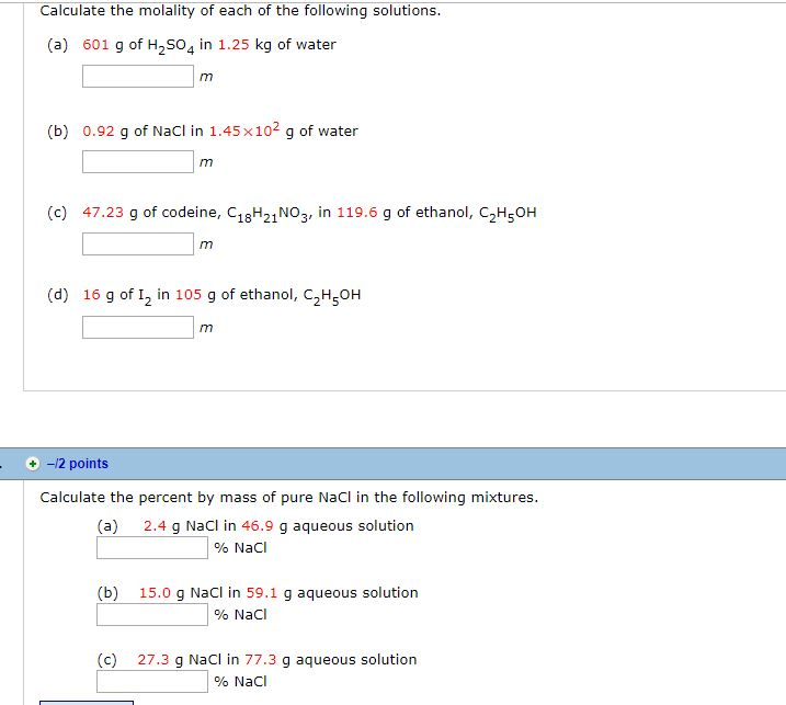 Solved Calculate the molality of each of the following | Chegg.com