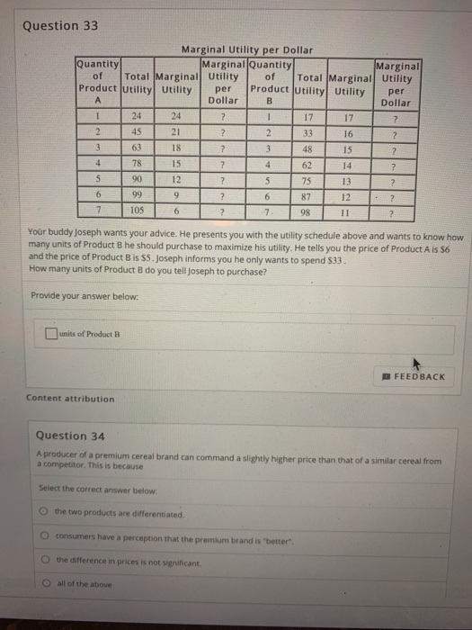 Solved Question 33 Marginal Utility per Dollar Marginal | Chegg.com