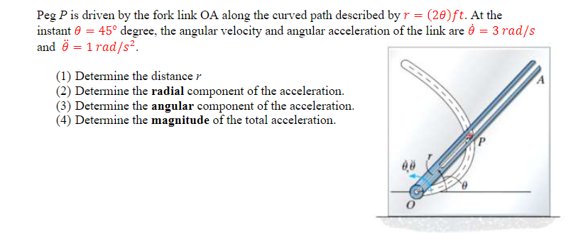 Solved Peg Pis driven by the fork link OA along the curved | Chegg.com