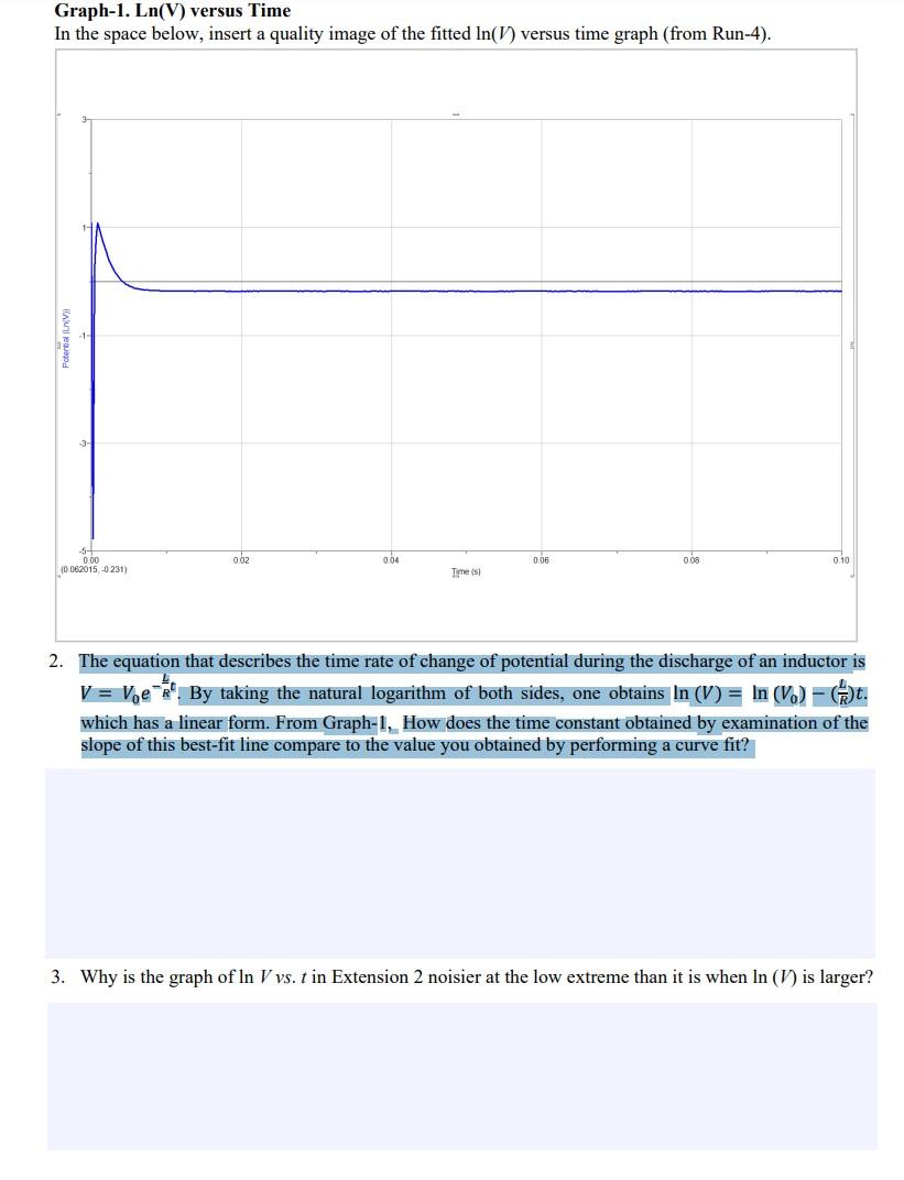 Graph-1. Ln(V) versus Time In the space below, insert | Chegg.com