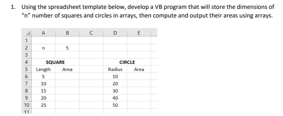 Solved 1. Using the spreadsheet template below, develop a VB | Chegg.com