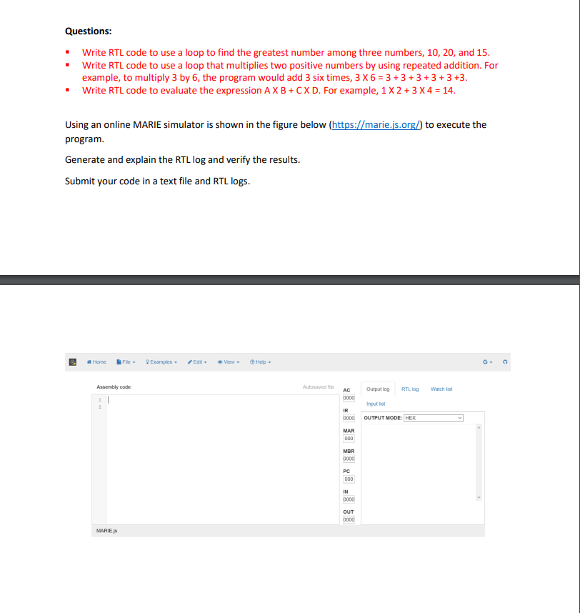 Solved CISC341 Computer Architecture MARIE LAB Write RTL | Chegg.com