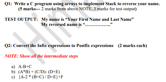 Solved Q1 Write A C Program Using Arrays To Implement Stack 6549
