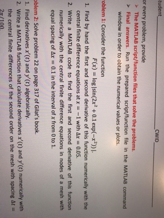 Solved tudent CWID or every problem, provide The MATLAB | Chegg.com