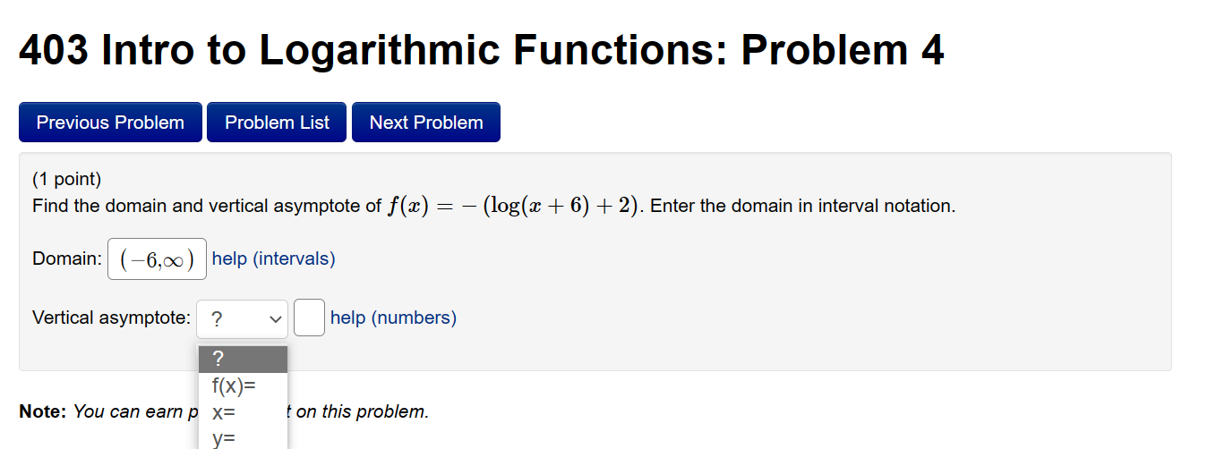 Solved 403 Intro to Logarithmic Functions: Problem 4 (1 | Chegg.com