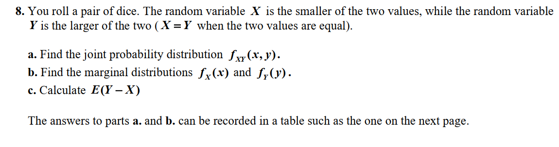 Solved 8. You roll a pair of dice. The random variable X is | Chegg.com