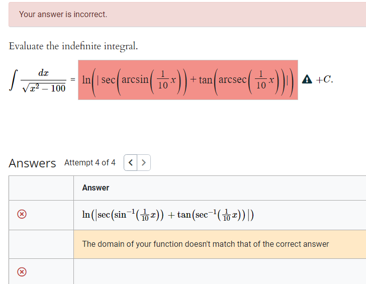 Solved Your answer is incorrect. Evaluate the indefinite | Chegg.com