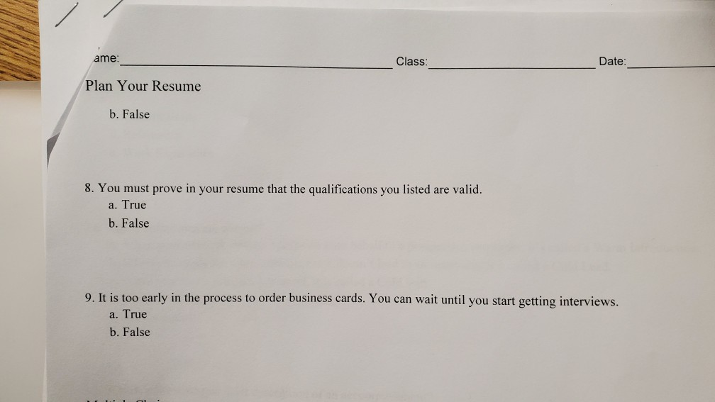 Plan Your Resume True/False 1. You need a resume to | Chegg.com
