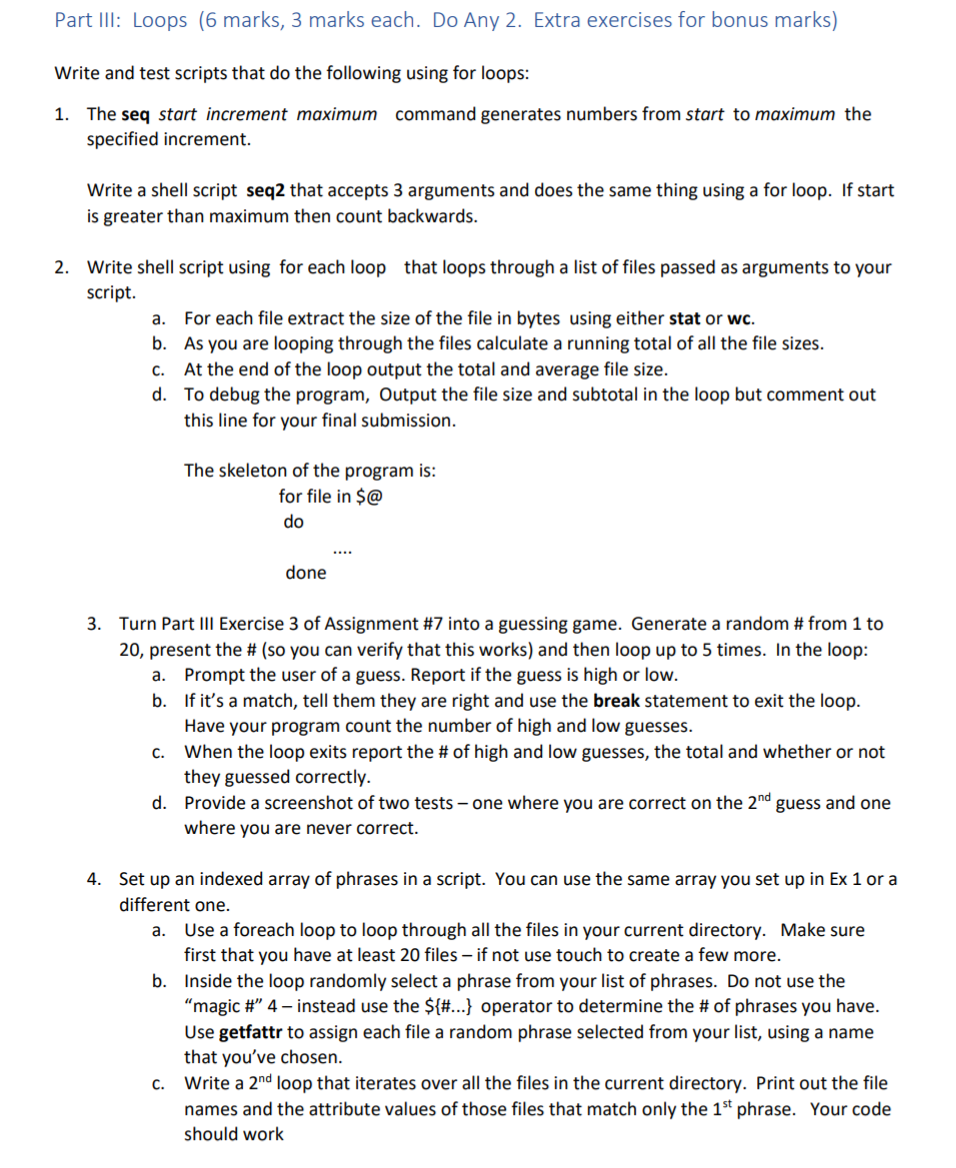 Part III: Loops (6 marks, 3 marks each. Do Any 2. | Chegg.com