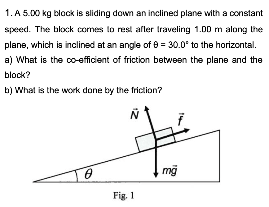 Solved 1. A 5.00 kg block is sliding down an inclined plane | Chegg.com