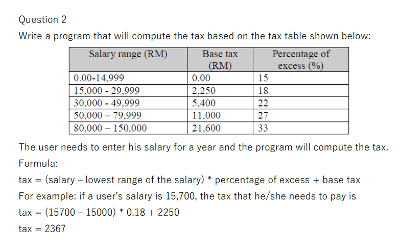 Solved Question 2 Write a program that will compute the tax | Chegg.com