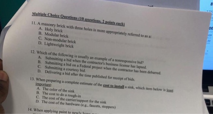 Solved Multiple Choice Questions (10 question 11. A masonry | Chegg.com