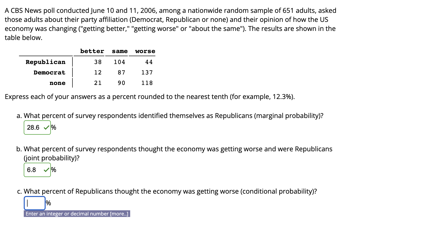 Solved A CBS News poll conducted June 10 and 11, 2006, among | Chegg.com