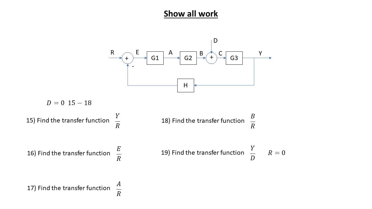 Solved Show all work D=015−18 15) Find the transfer function | Chegg.com