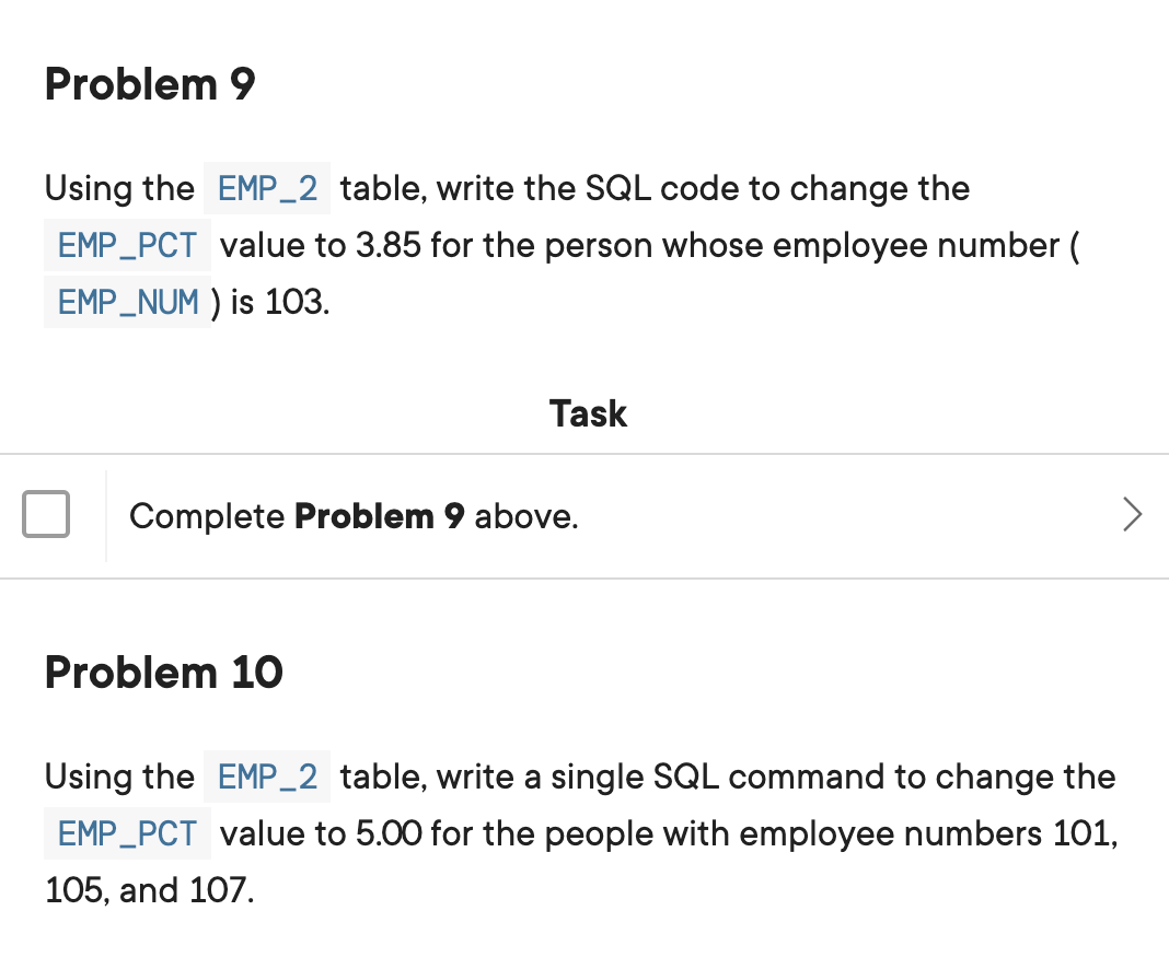 Solved Write the SQL code to change the job code to 501 for | Chegg.com