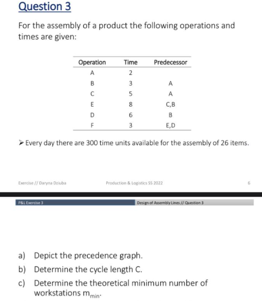 Solved Question 3 For the assembly of a product the | Chegg.com