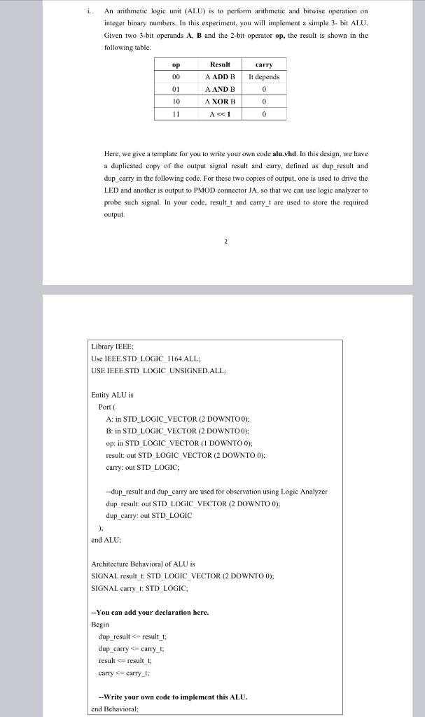 Solved i. An arithmetic logic unit (ALU) is to perform | Chegg.com