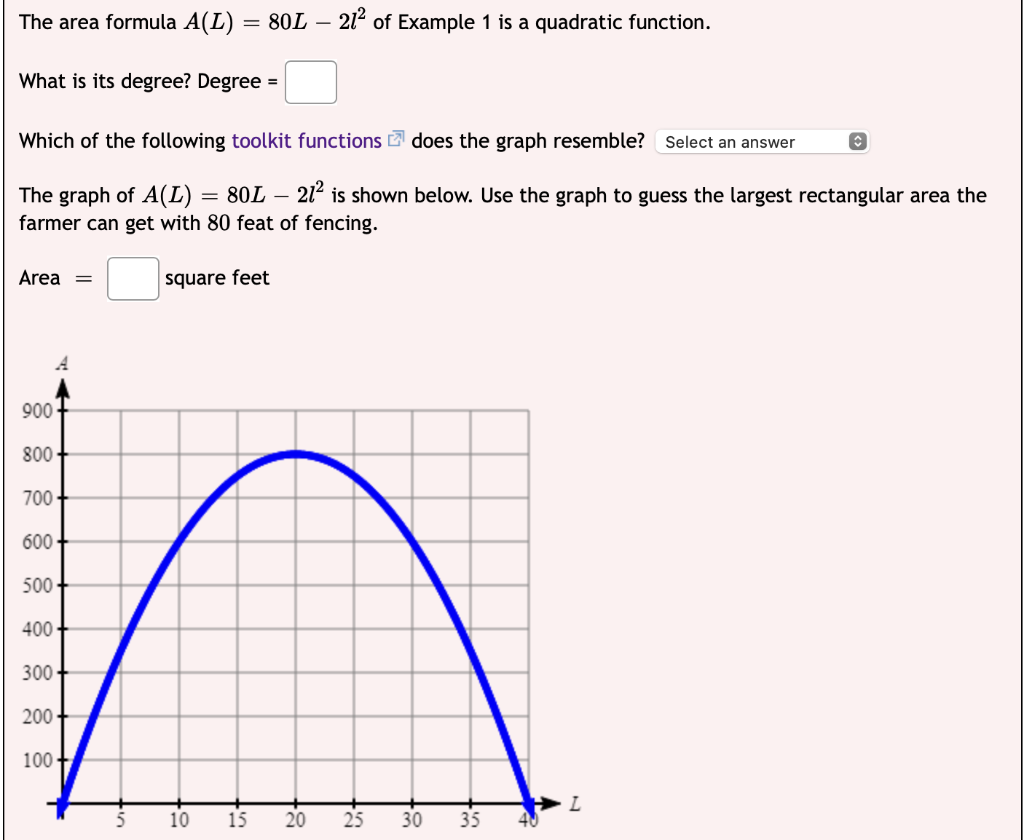 Solved The area formula A(L) = 80L – 212 of Example 1 is a | Chegg.com