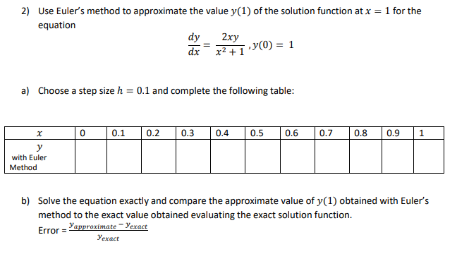 Solved 2) Use Euler's method to approximate the value y(1) | Chegg.com
