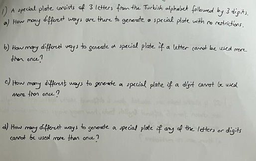 Solved 1) A special plate consists of 3 letters from the | Chegg.com