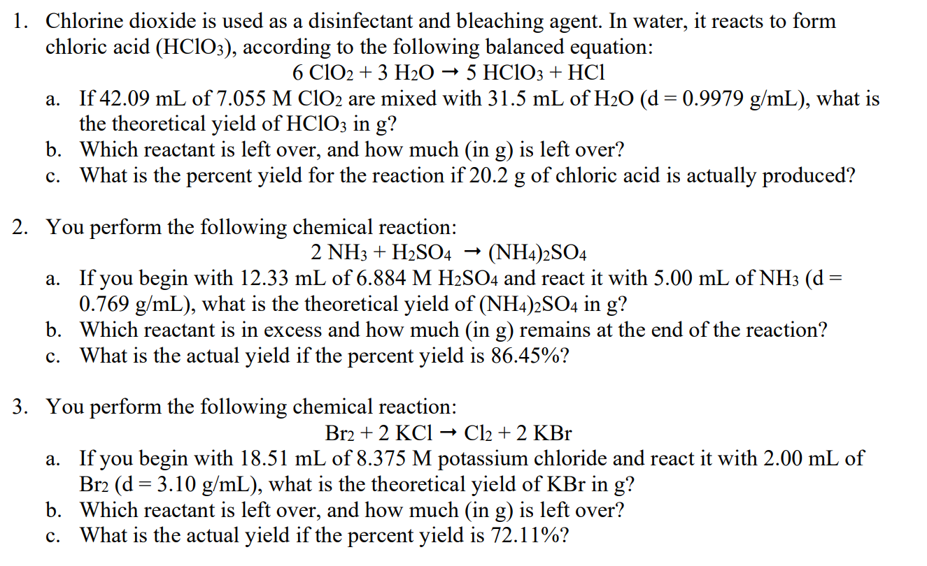 Solved 1. Chlorine dioxide is used as a disinfectant and | Chegg.com