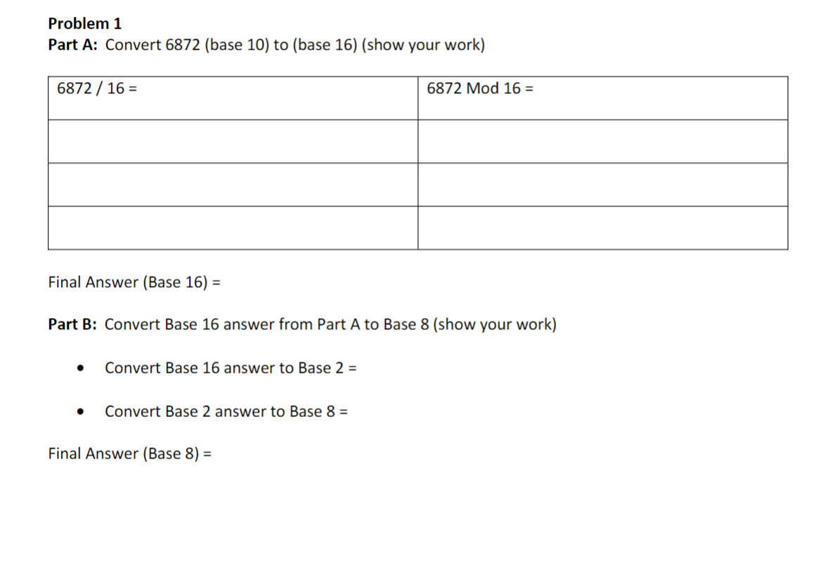 Solved Problem 1 Part A: Convert 6872 (base 10) to (base 16) | Chegg.com