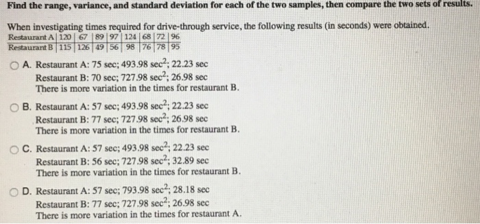 Solved Find the range, variance, and standard deviation for | Chegg.com