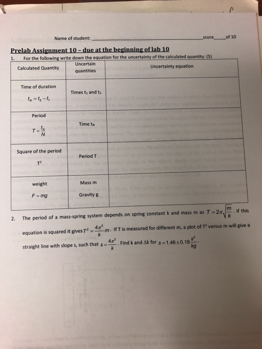 Solved Name of student: score of 10 Prelab Assignment 10- | Chegg.com