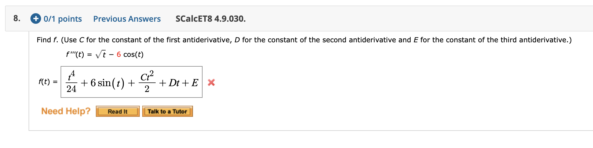 Solved + 0/1 points 8. SCalcET8 4.9.030. Previous Answers | Chegg.com